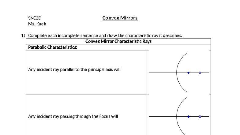 SNC2D Lesson 5: Convex Mirrors Characteristic Rays Handout - Studocu
