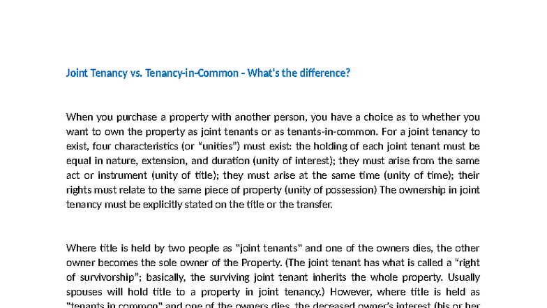 Joint Tenancy vs. Tenancy in Common: Key Differences Explained - Studocu