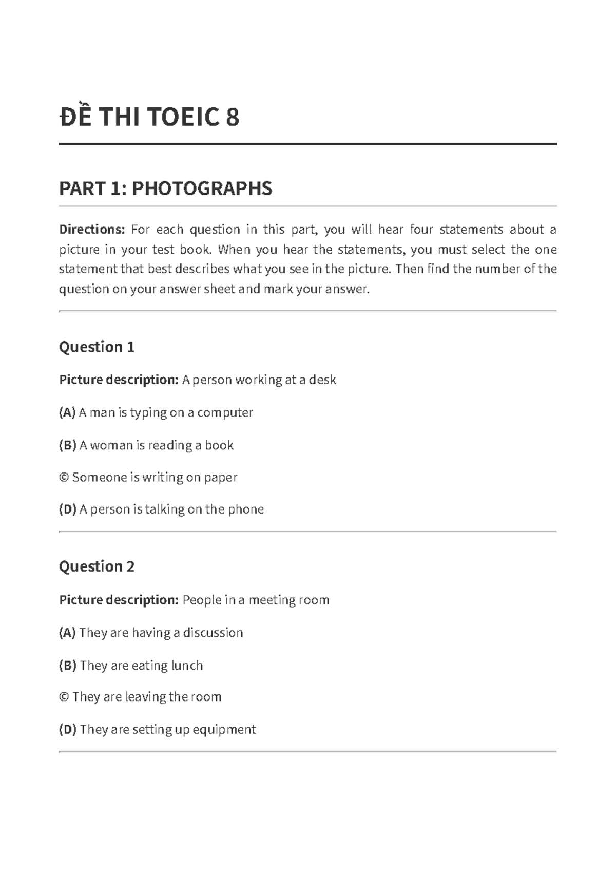 ĐỀ THI TOEIC 8: PART 1 - PHOTOGRAPHS EXAM QUESTIONS - Studocu