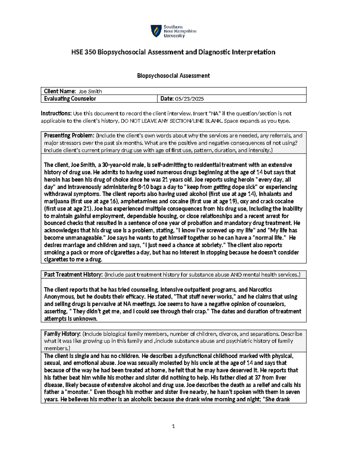 HSE 350 Final Exam: Biopsychosocial Assessment of Joe Smith - Studocu
