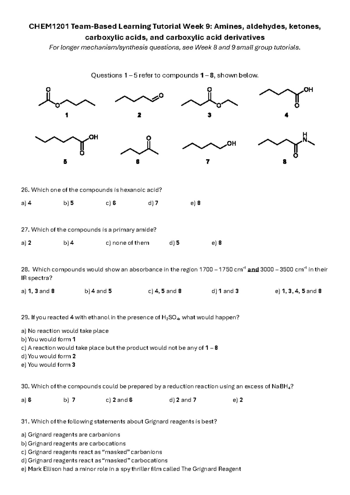 2025 CHEM1201 TBL Tutorial Week 9: Amines, Aldehydes, and Acids - Studocu
