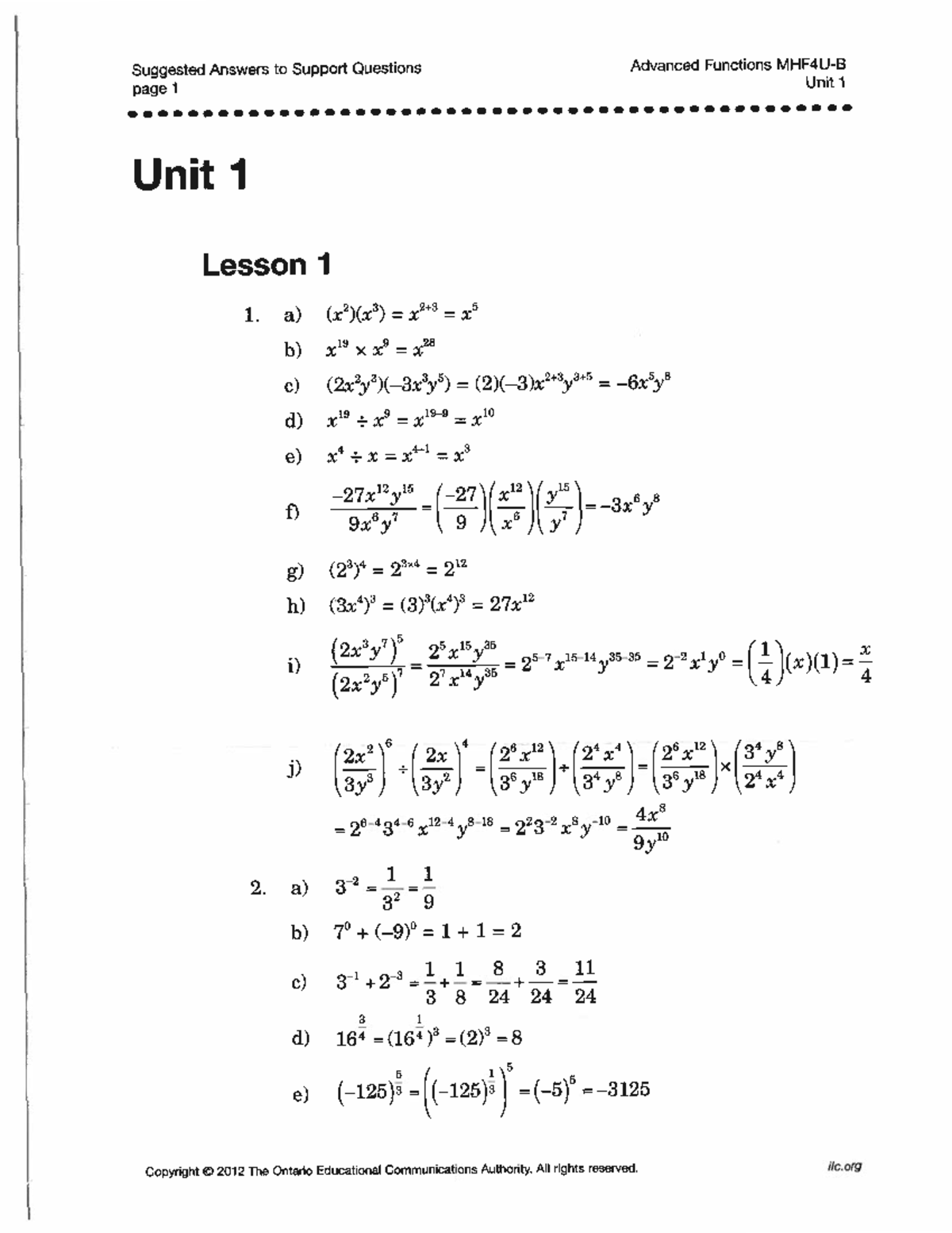 MHF4U-B Unit 1 Practice Sheet Answer Key - Studocu