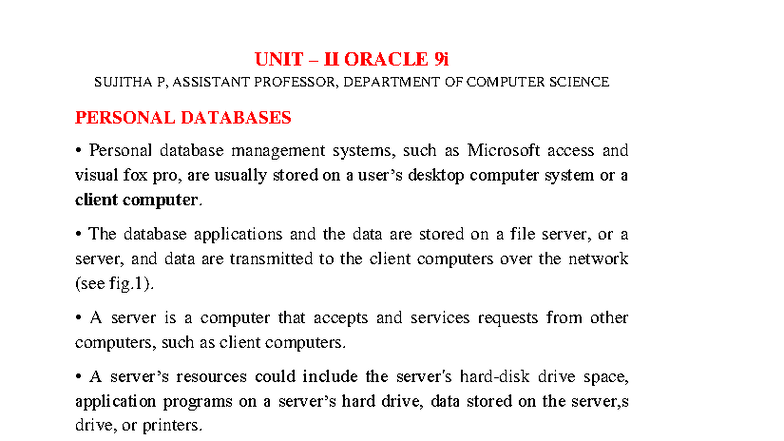RDBMS UNIT II: Introduction to Oracle 9i and Personal Databases - Studocu
