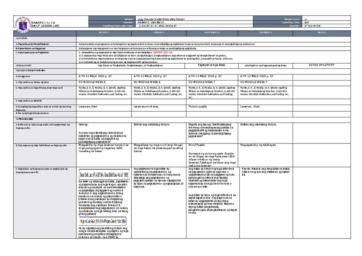 DLL ESP 6 Q3 W8 - DLL ESP 6 q3 w8 - GRADES 1 to 12 DAILY LESSON LOG ...