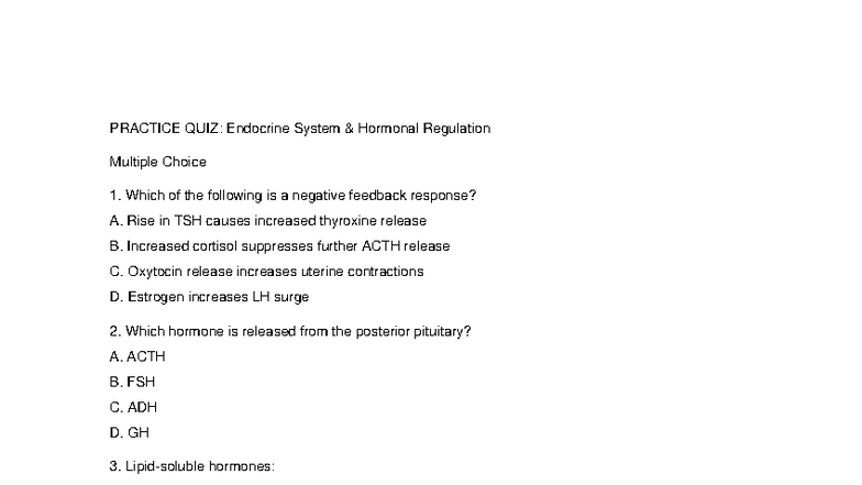 PRACTICE QUIZ: Endocrine System Hormonal Regulation - Studocu