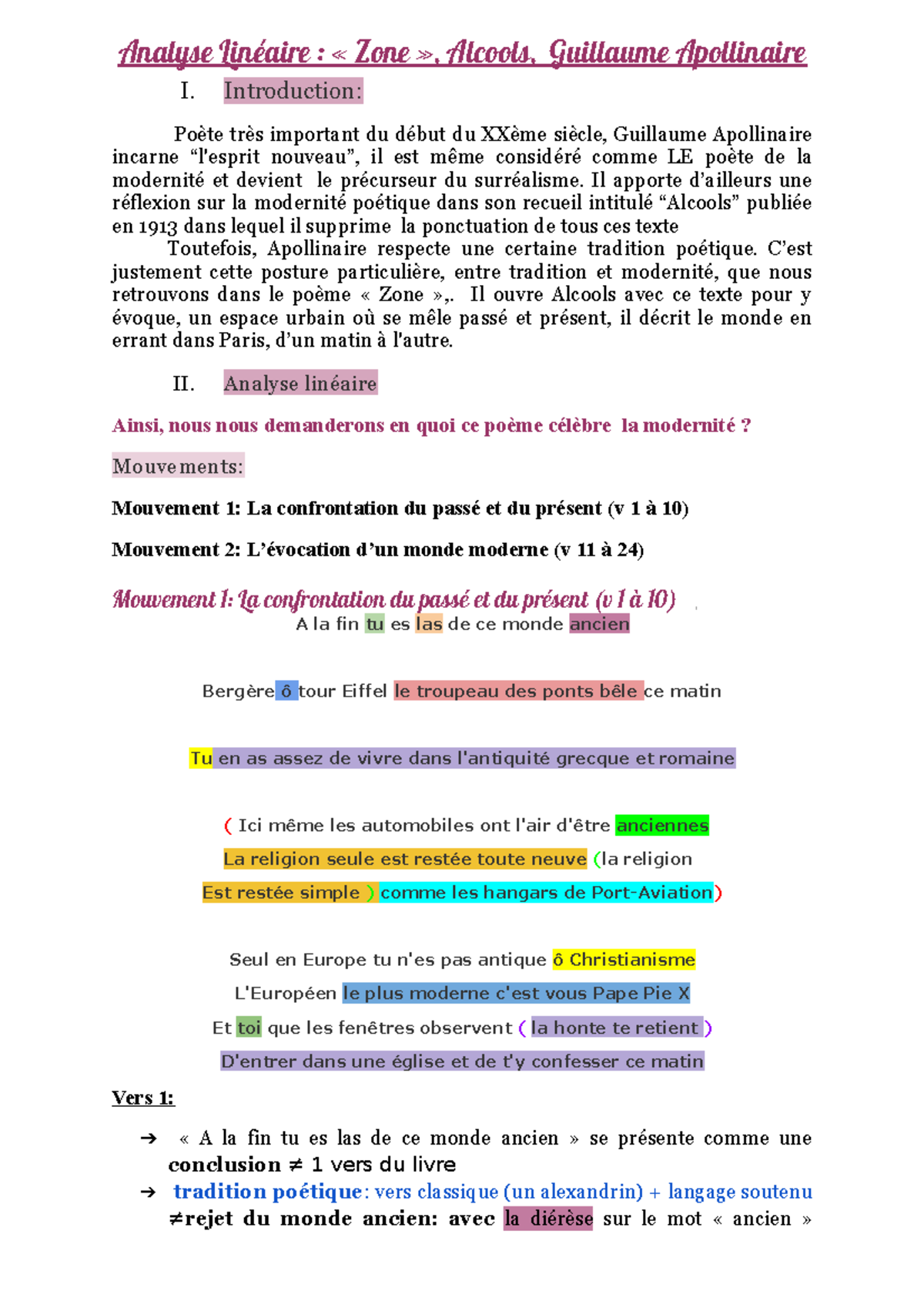 Analyse Linéaire du Poème « Zone » d'Alcools de Guillaume Apollinaire ...