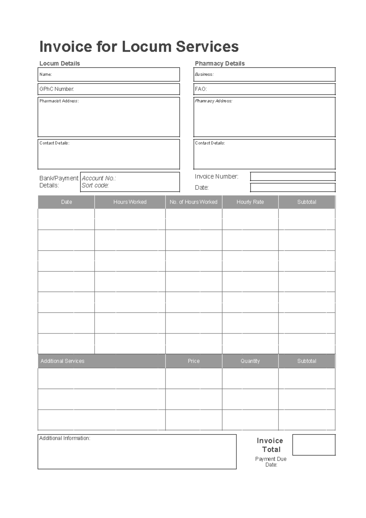Locum Pharmacist Invoice Template - PJ1201 - Invoice for Locum Services ...