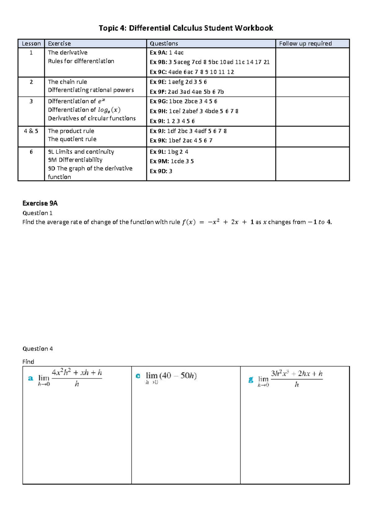 Differentiation Workbook: Topic 4 - Derivative Rules & Exercises - Studocu