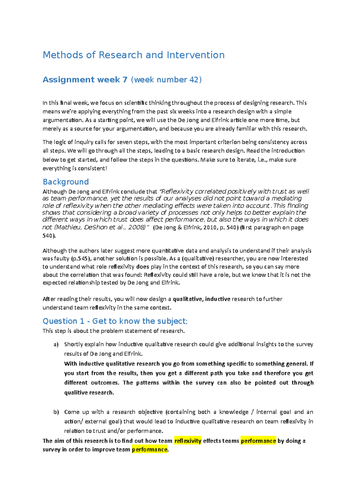Assignment MRI Week 7: Designing Research on Team Reflexivity - Studeersnel