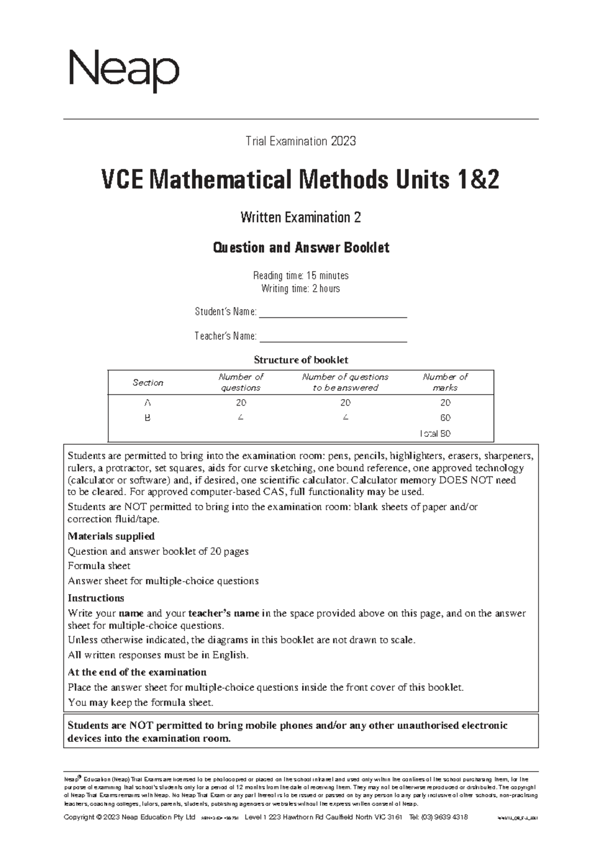 2023 NEAP VCE Mathematical Methods Units 1 & 2 Trial Exam 2 Q&A Booklet ...