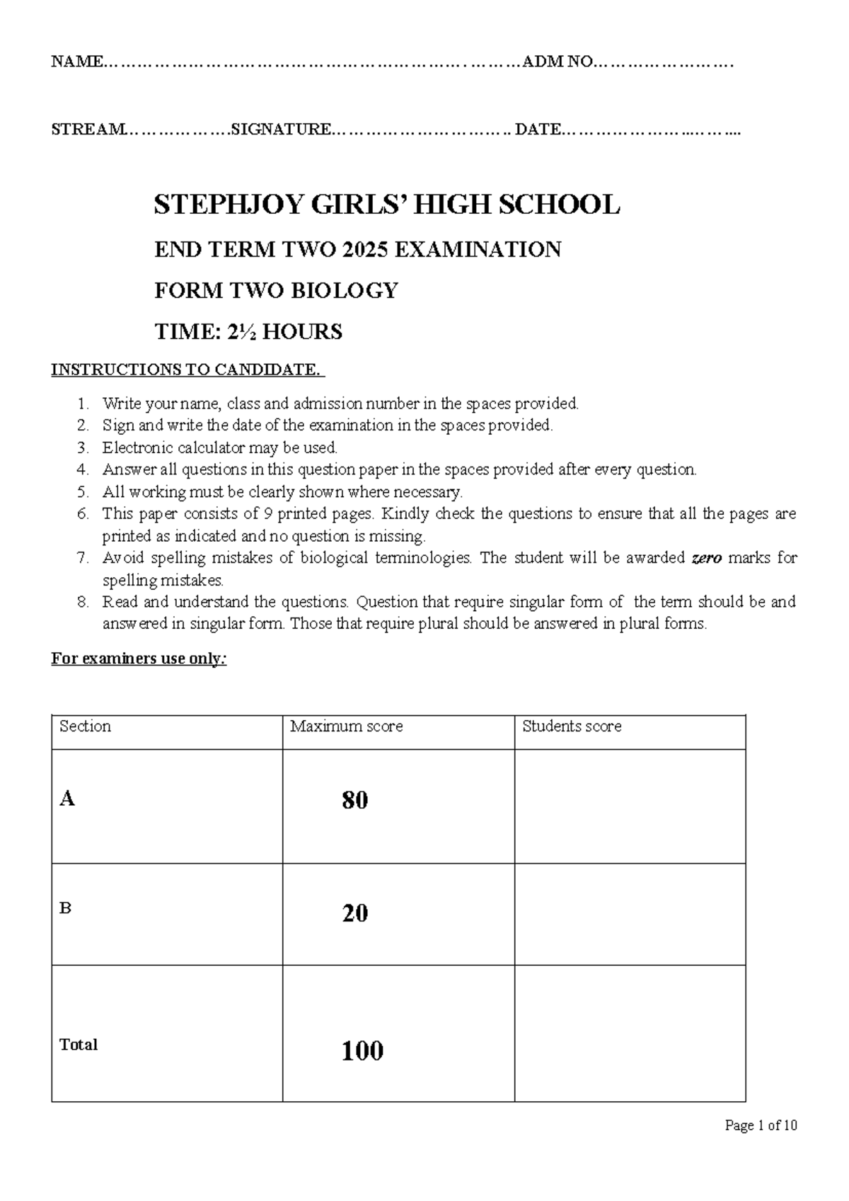 F2 BIO ET2 2025 - End Term Examination Paper - Studocu