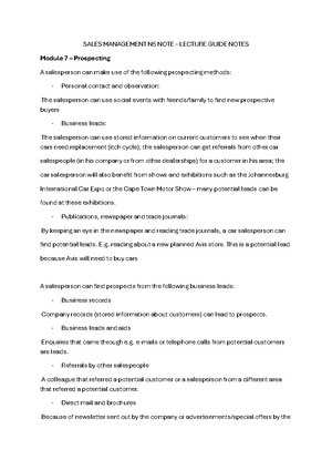 Sales Management N5: Module 2 & 3 Lecture Notes Overview - Studocu