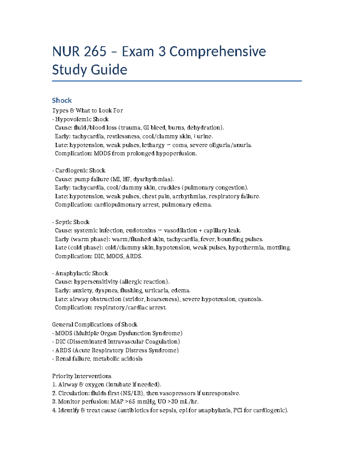 NUR 265 Exam 3 Comprehensive Study Guide: Shock Types & Management ...