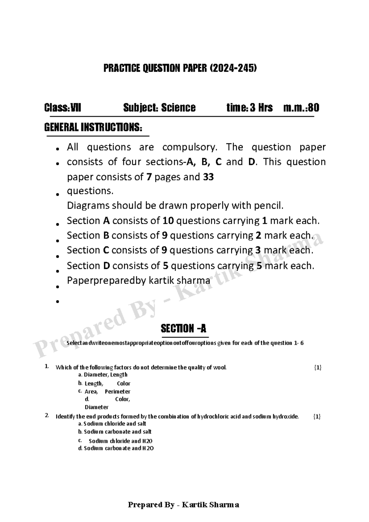 Science Practice Question Paper for Class VII - 3 Hrs, 80 Marks - Studocu
