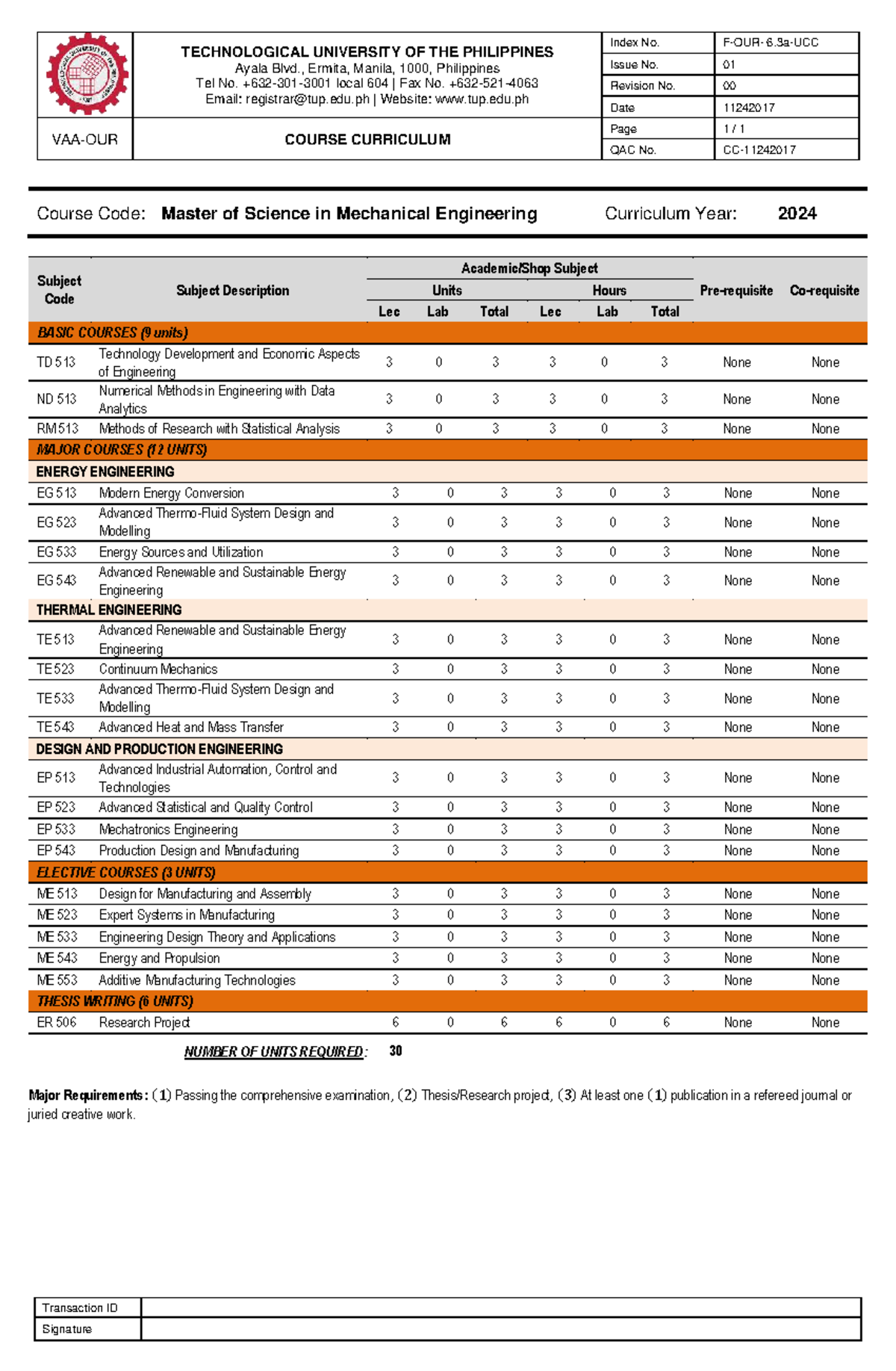 Master of Science in Mechanical Engineering Curriculum (MSME) - Studocu