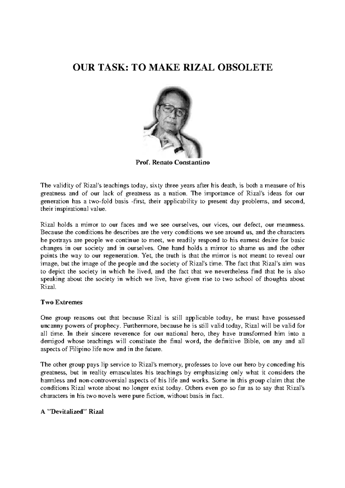 Renato Constantino - The Imperative to Render Rizal Irrelevant - Studocu