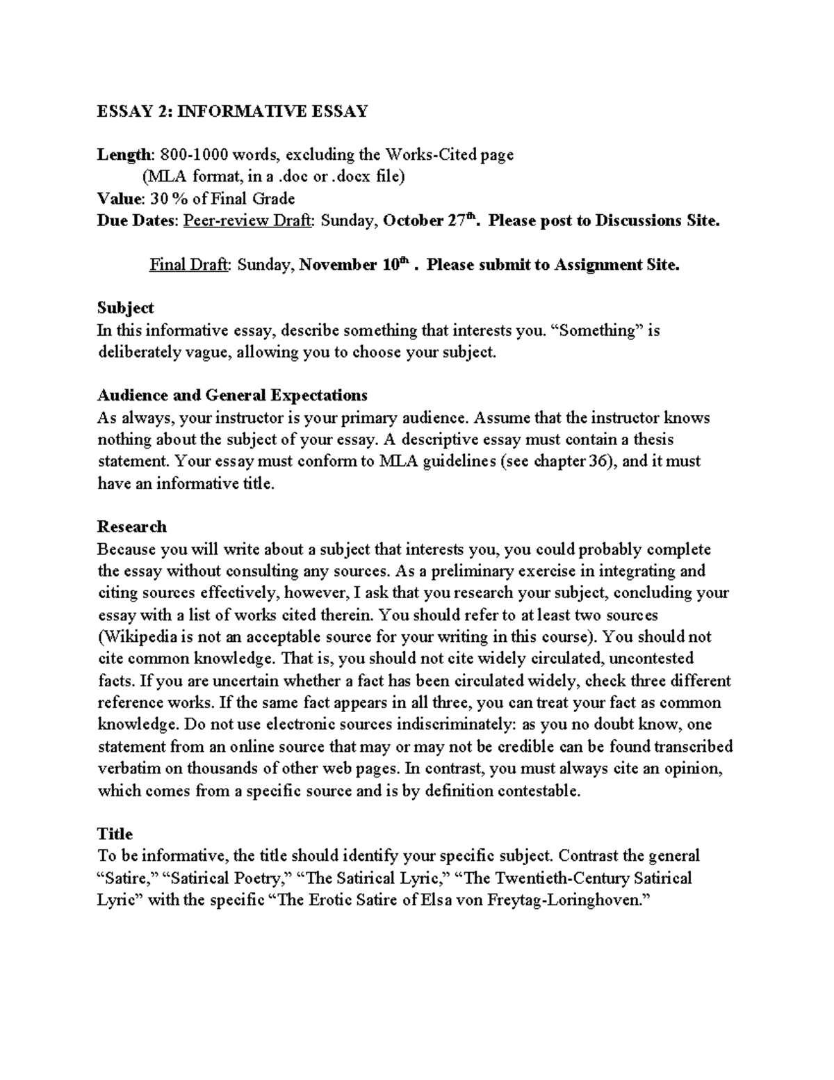 2101F.Fall 2024..Assignment 2 Instructions 1 - ESSAY 2: INFORMATIVE ...