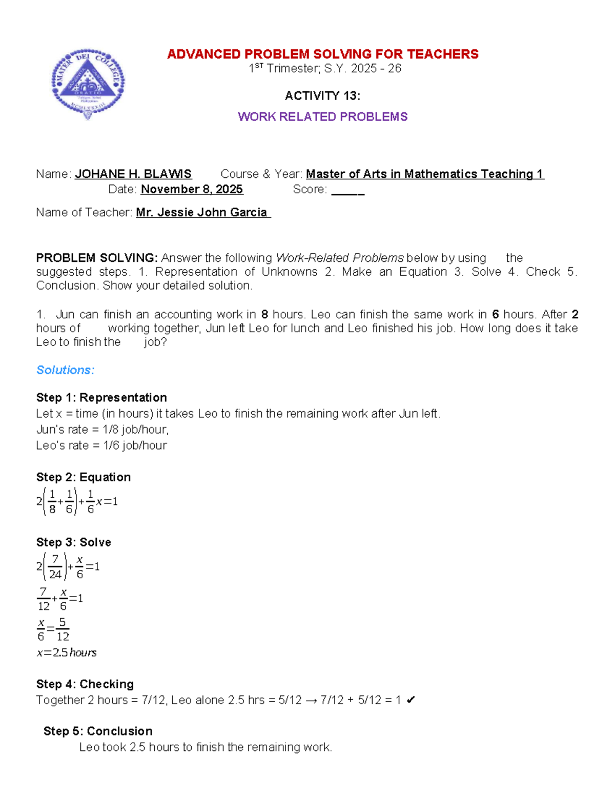 Activity 13: Work-Related Problems for Advanced Problem Solving (S.Y ...