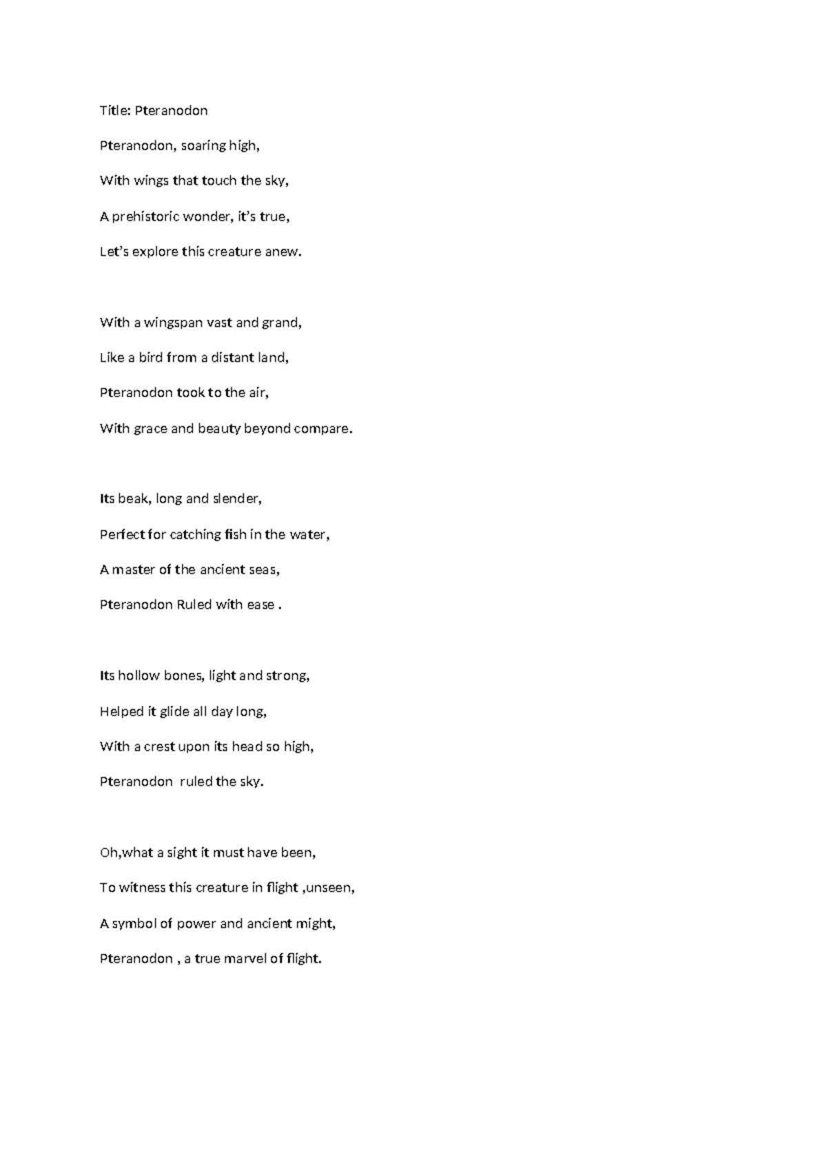 Enlish pteranodon - Poem - Pteranadon - Title: Pteranodon Pteranodon ...