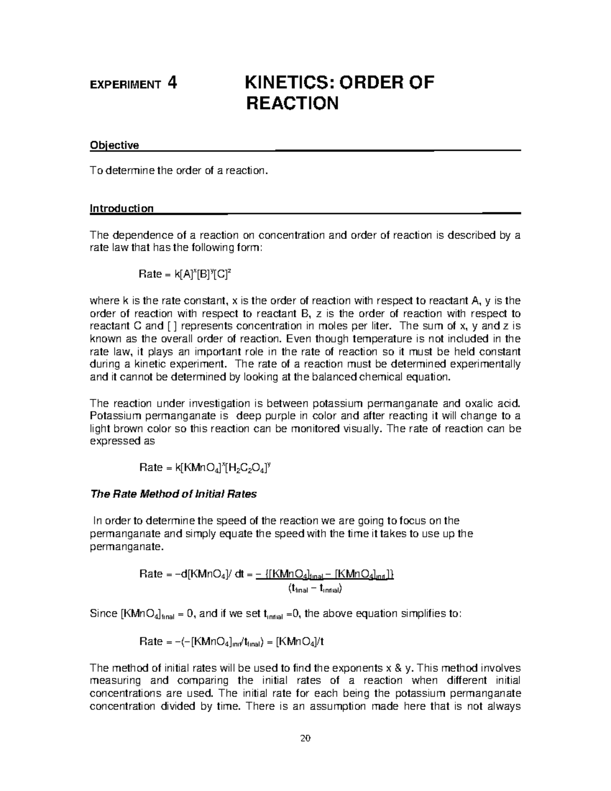 Lab Manual Experiment 3 Kinetics Order OF Reaction - organic chemistry ...
