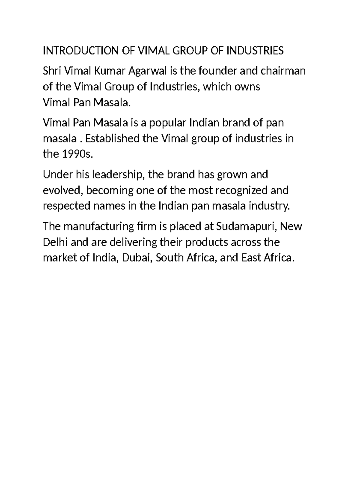 Introduction OF Vimal PAN Masala - INTRODUCTION OF VIMAL GROUP OF INDUSTRIES Shri Vimal Kumar ...