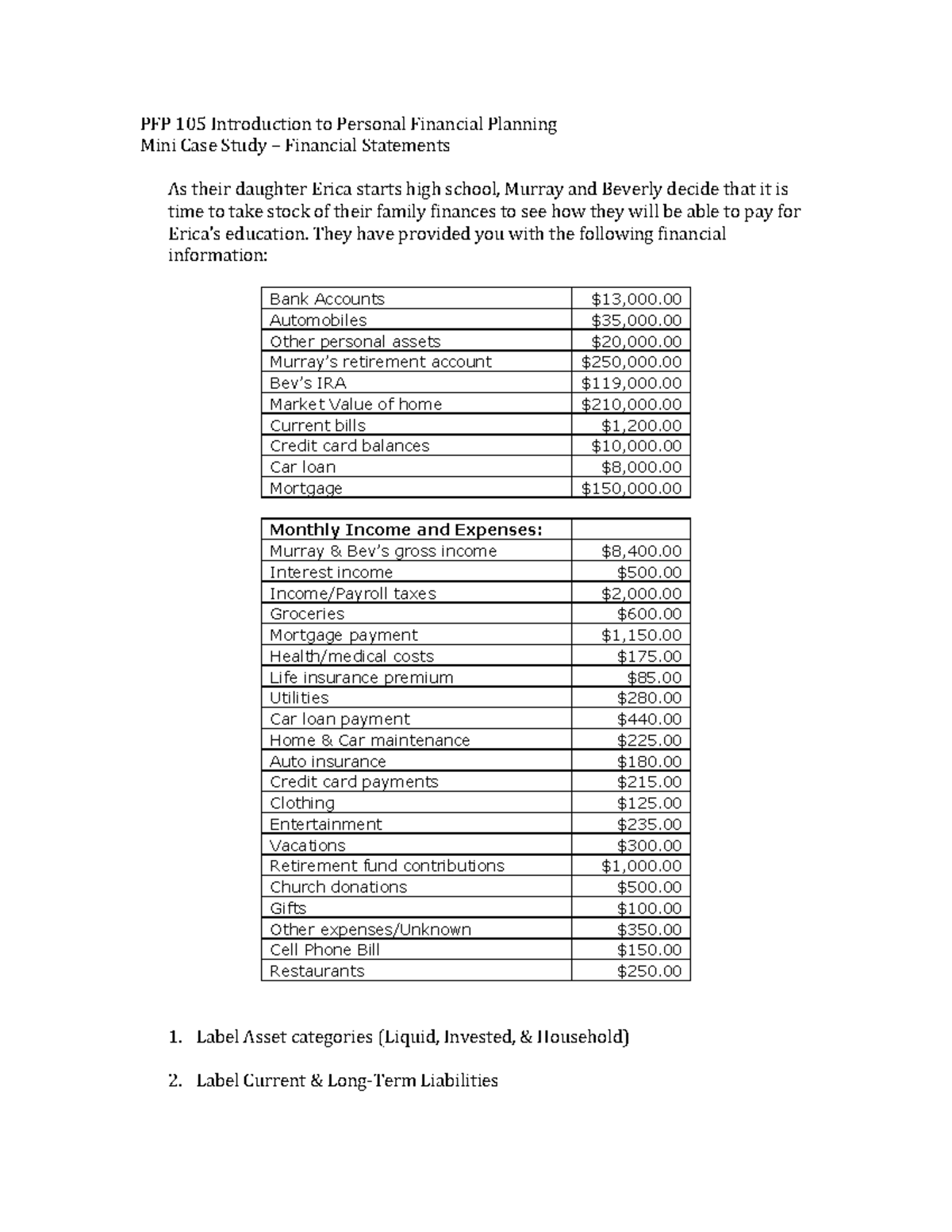 Chapter 2 Mini Case - mini case - PFP 105 Introduction to Personal ...