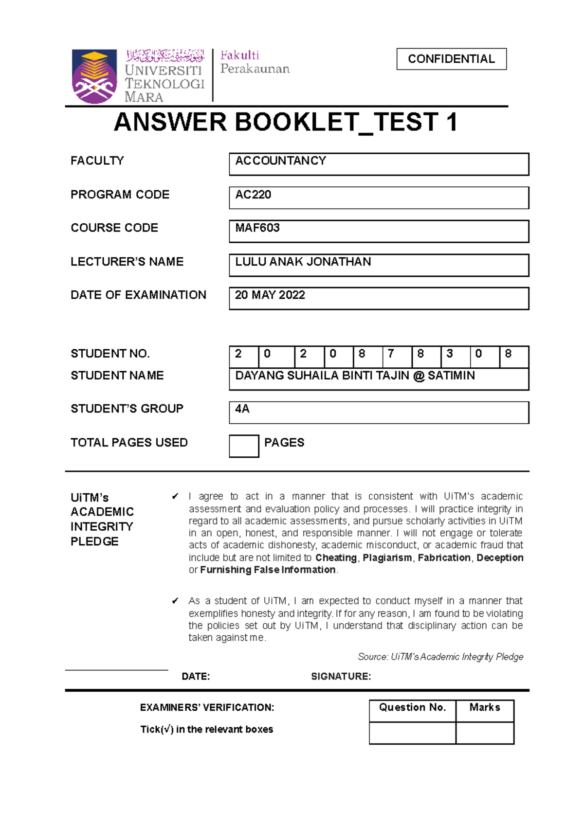Answer Scripts Front PAGE AC220 MAF603 - ANSWER BOOKLET_TEST 1 FACULTY ...