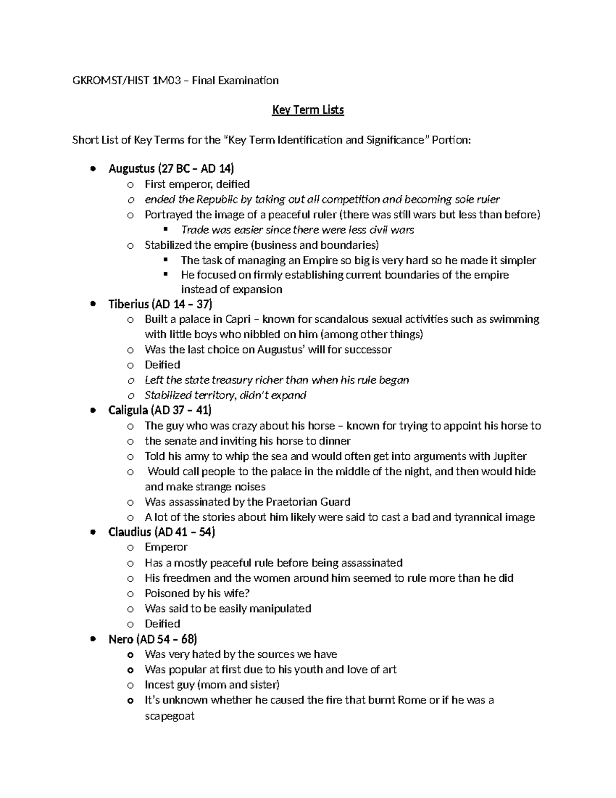 GKROMST/HIST 1M03 – Final Exam Key Term Identification Lists - Studocu