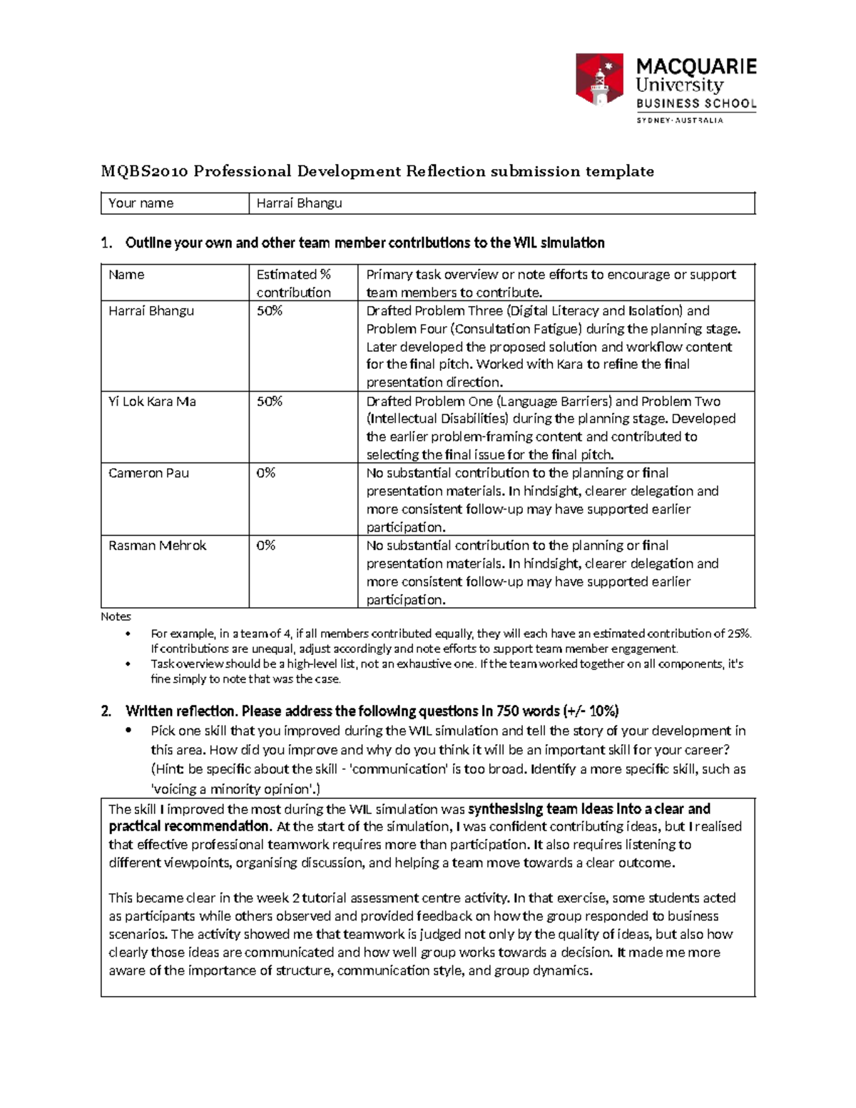 MQBS2010 Professional Development Reflection: WIL Simulation Insights ...