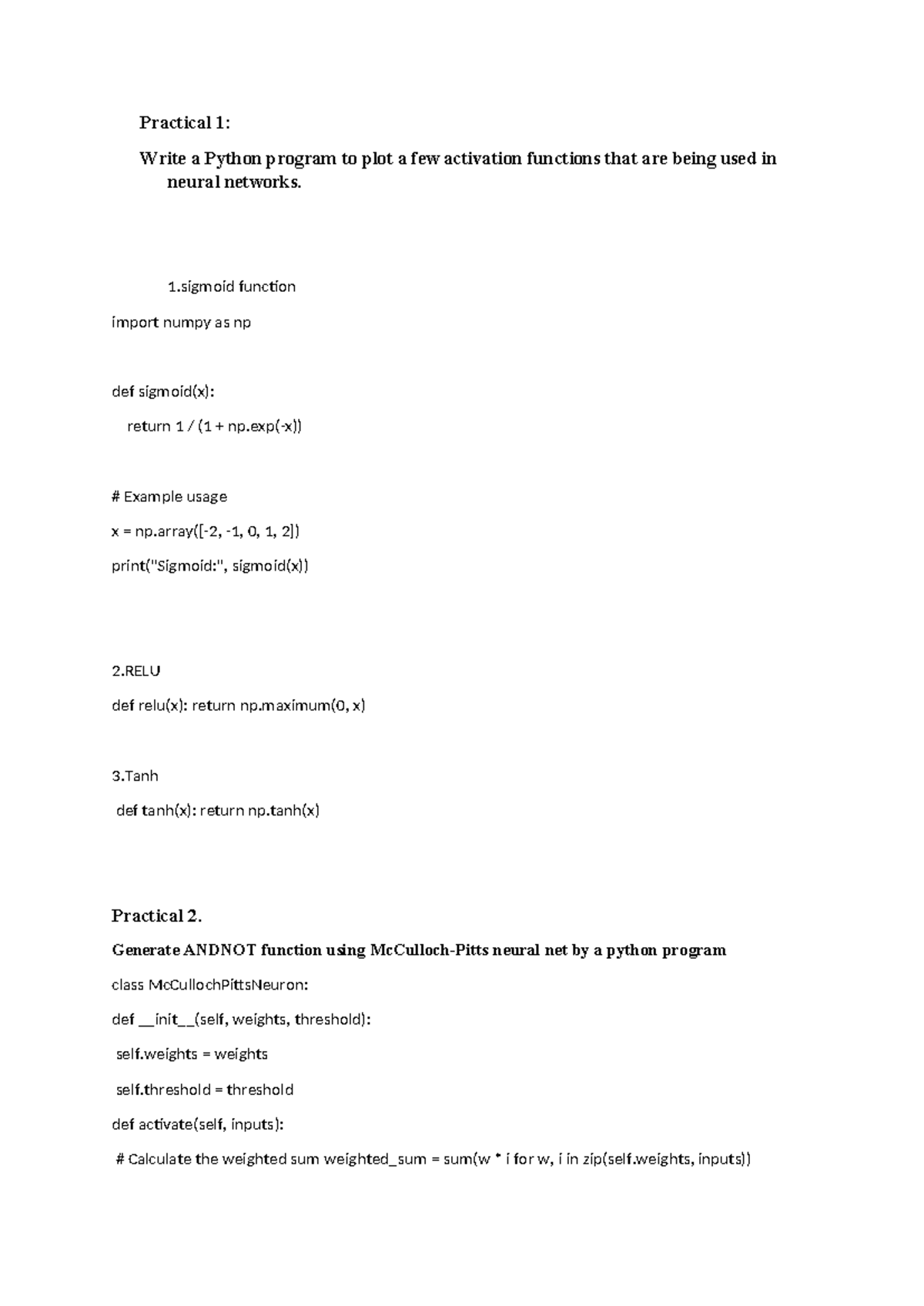ANN Practical 1: Python Activation Functions & ANDNOT Implementation - Studocu