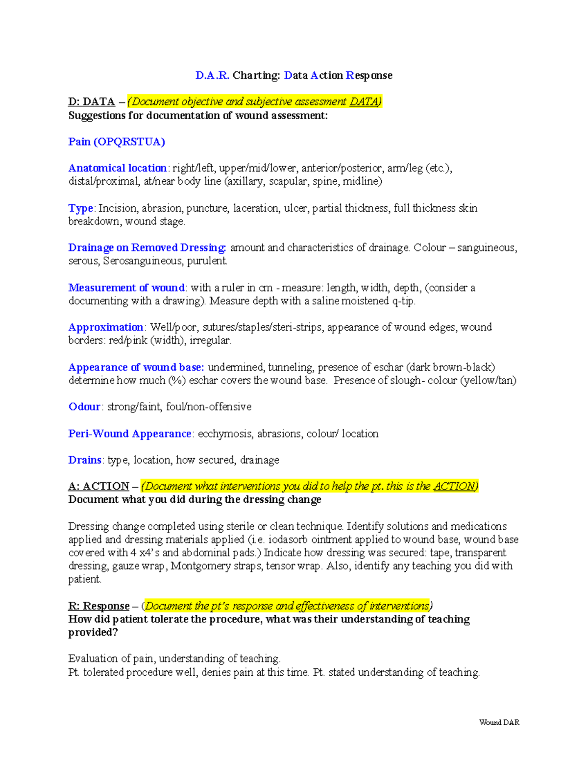 DAR Wound Assessment and Dressing Change Charting Guide - Studocu