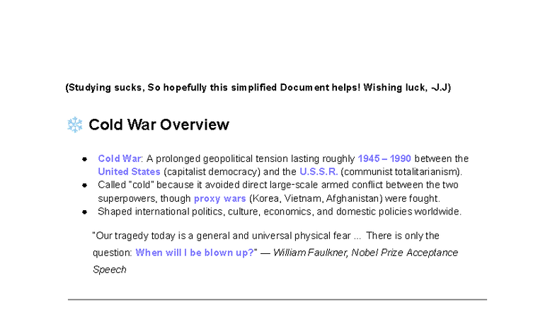 World History: Cold War Overview and Key Events Summary - Studocu