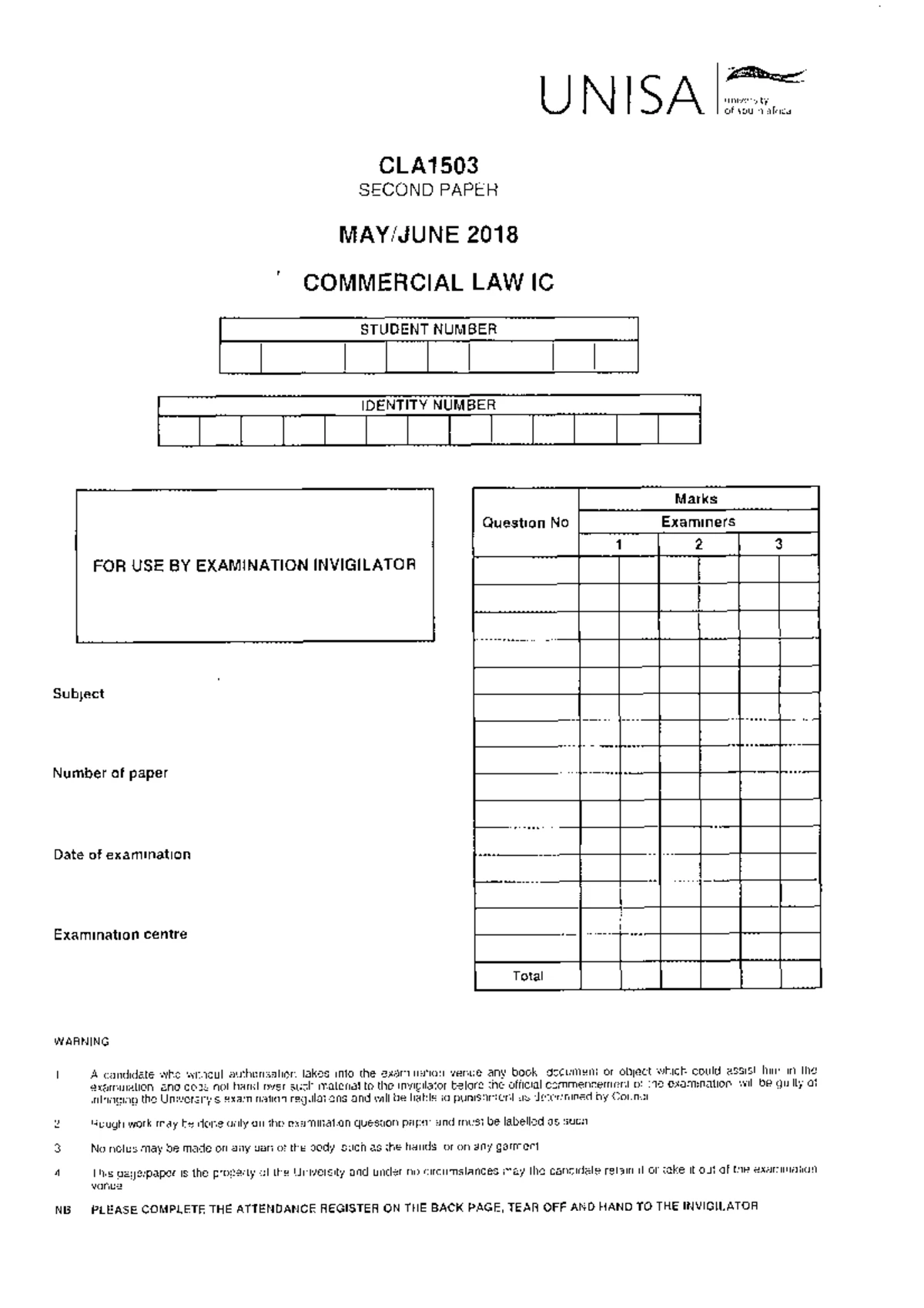 CLA1503 - Past exam question paper. - UNIVERSITY EXAMINATIONS May/June ...
