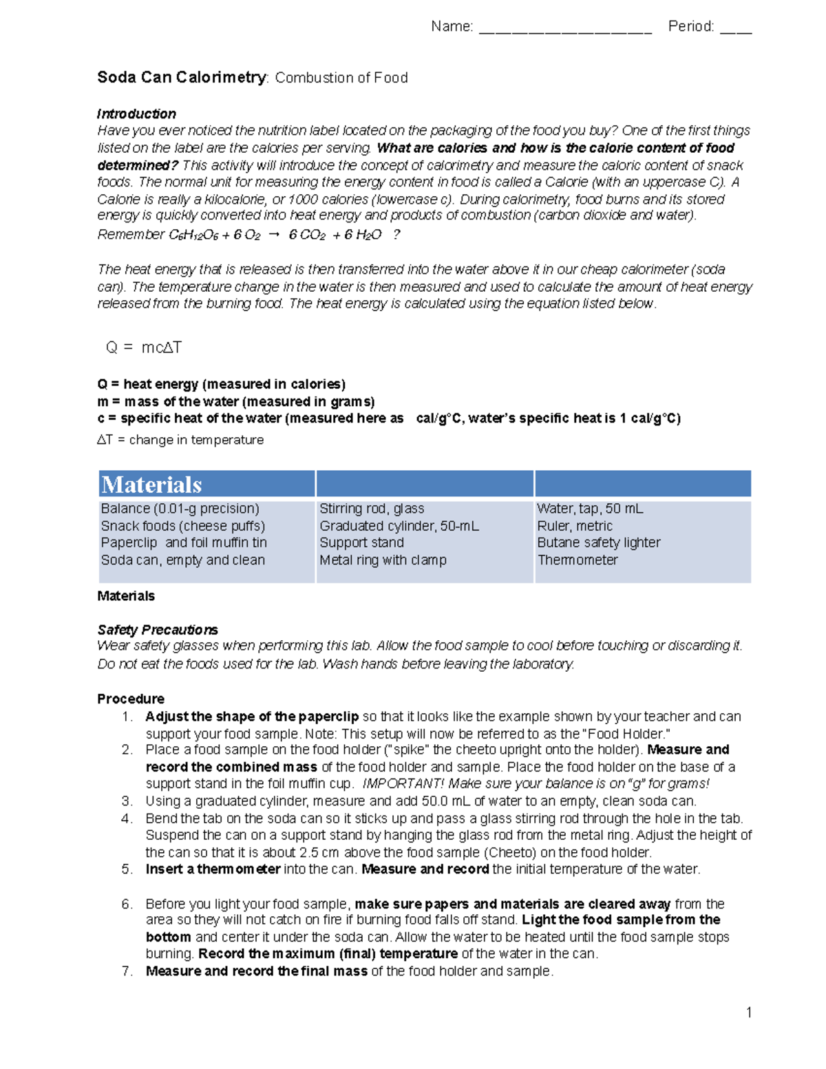 Calorimetry lab Combustion of Food - Name: _____________________ Period ...
