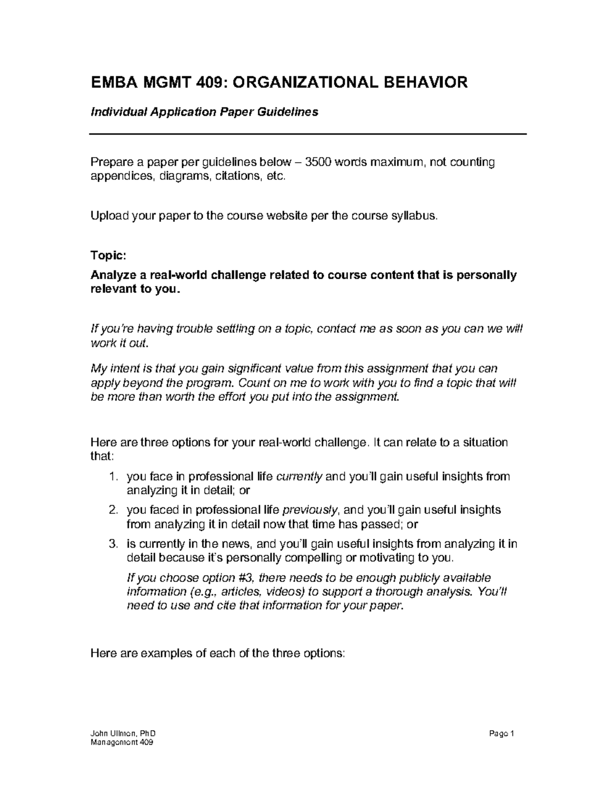 EMBA MGMT 409: Individual Application Paper Guidelines for OB - Studocu