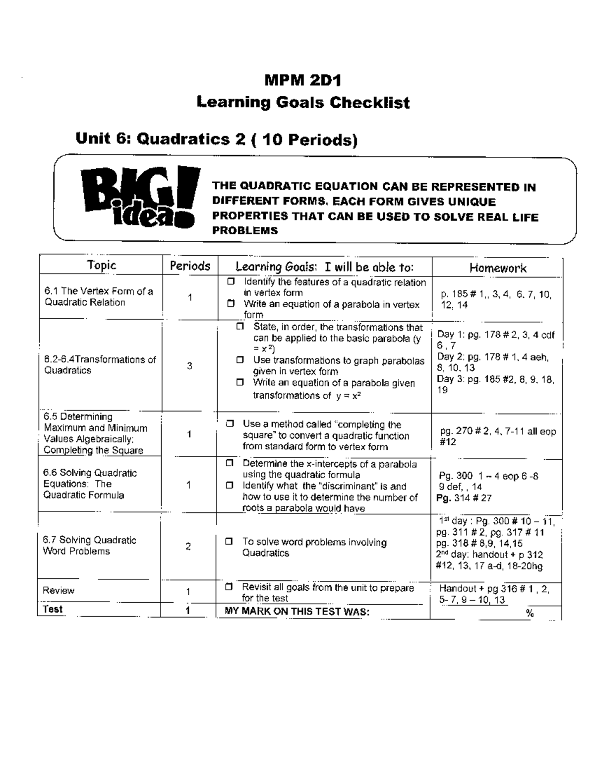 MPM 2D1 Unit 6: Quadratics 2 Learning Goals & Notes - Studocu