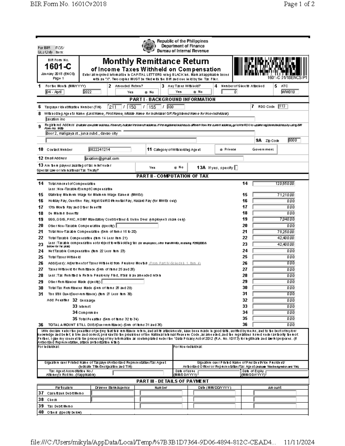 BIR Form 1601C Monthly Remittance Return - April 2022 Tax Filing - Studocu BIR Form 1601C Monthly Remittance Return - April 2022 Tax Filing - Studocu
