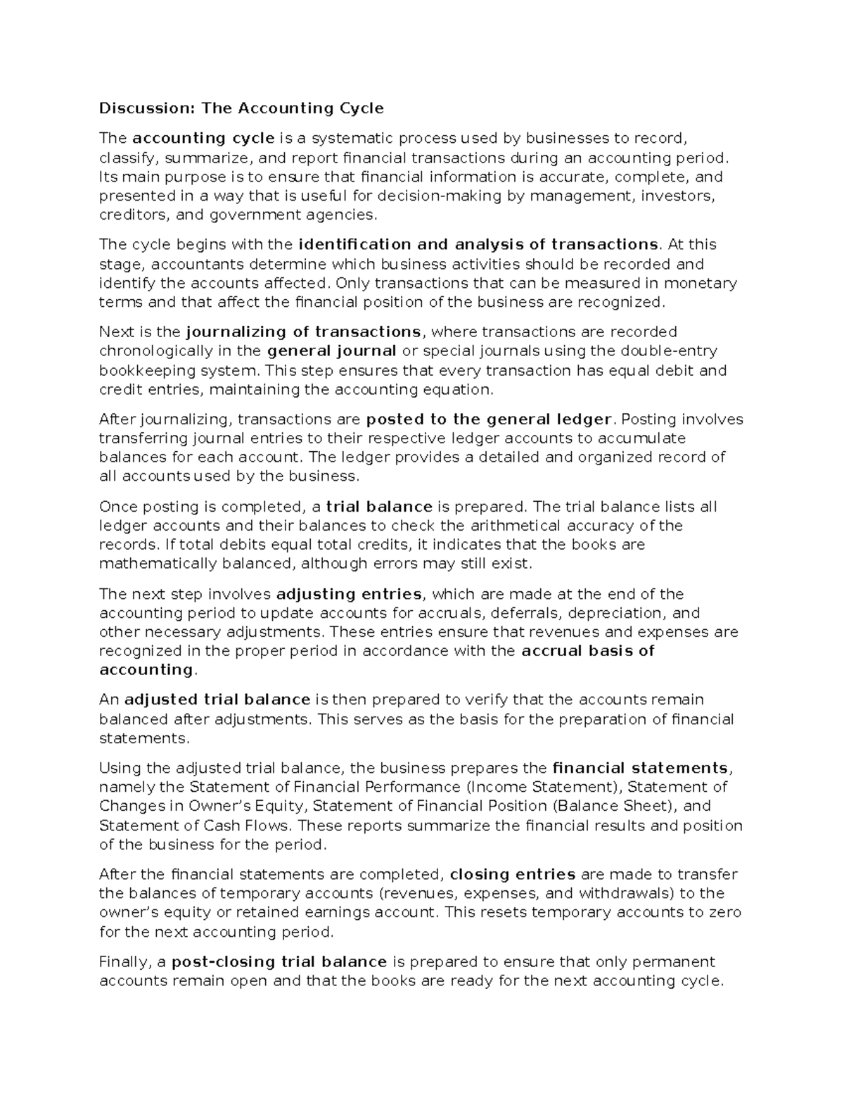 Accounting Cycle - Key Notes and Discussion - Studocu