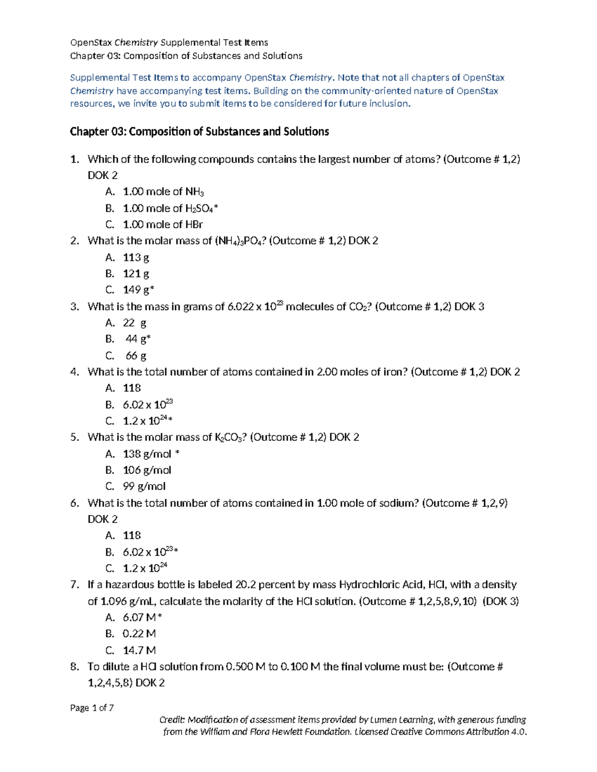 OS Chemistry Test Items: Ch03 Composition of Substances & Solutions ...