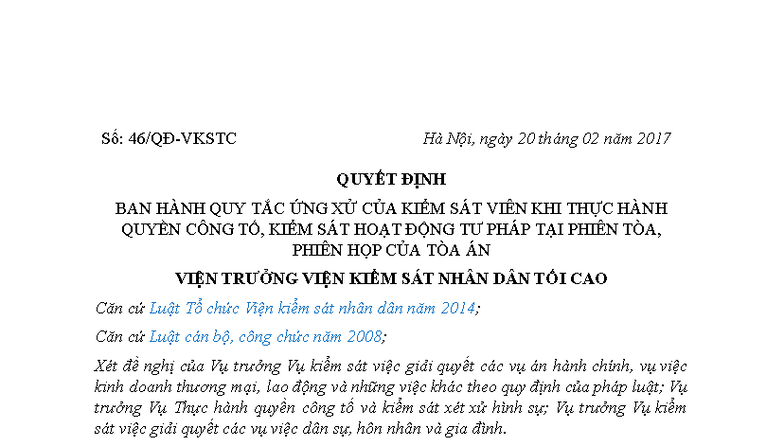 Quy Tắc Ứng Xử Của Kiểm Sát Viên Tại Phiên Tòa (QĐ 46) - Studocu