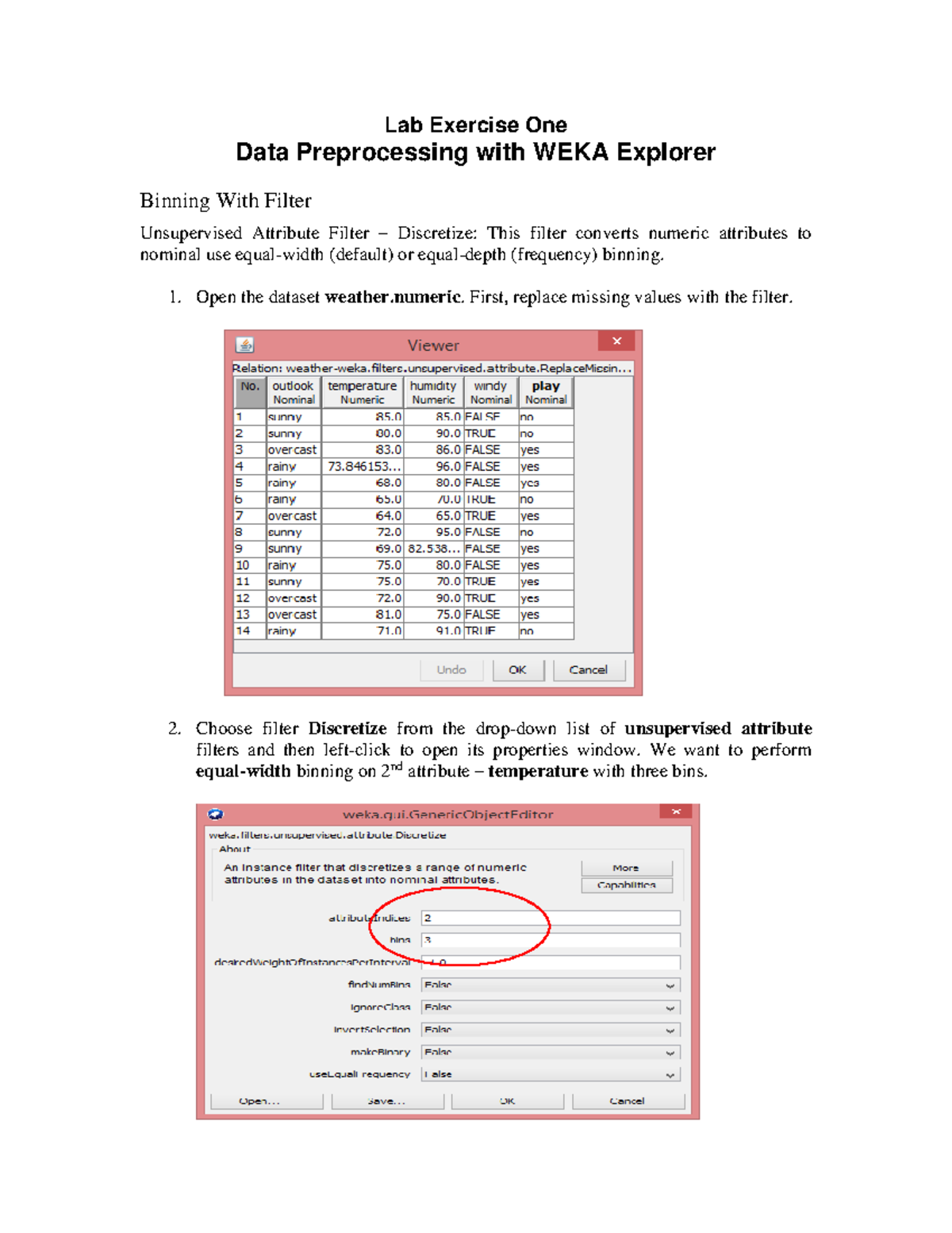 Lab Exercise 1: Data Preprocessing & Binning with WEKA - Studocu