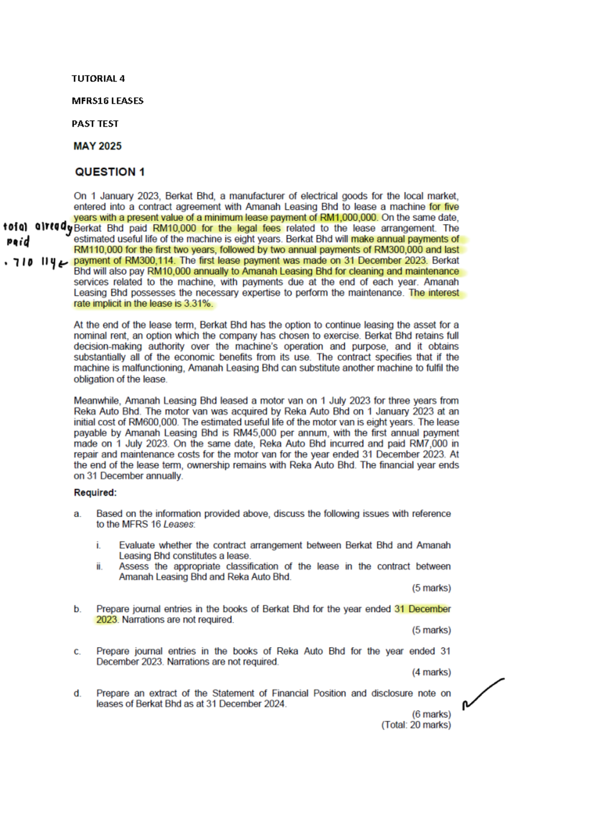 Tutorial 4: MFRS16 Leases Past Test Review - Studocu
