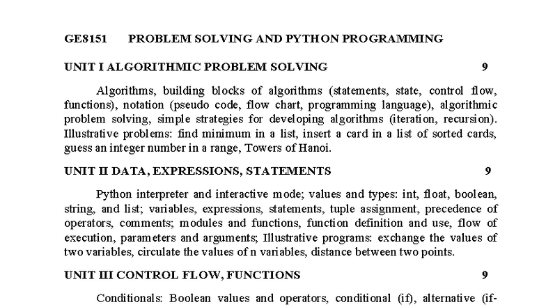 GE8151 Problem Solving and Python Programming - Syllabus Overview - Studocu