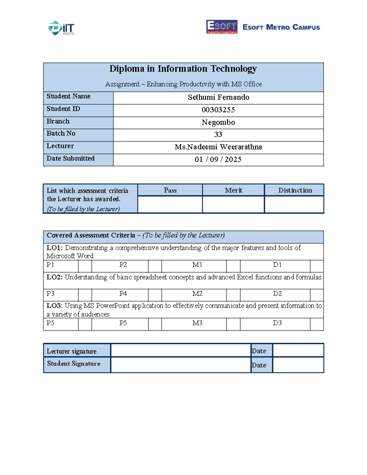 Diploma in IT Assignment: Enhancing Productivity with MS Office - Studocu