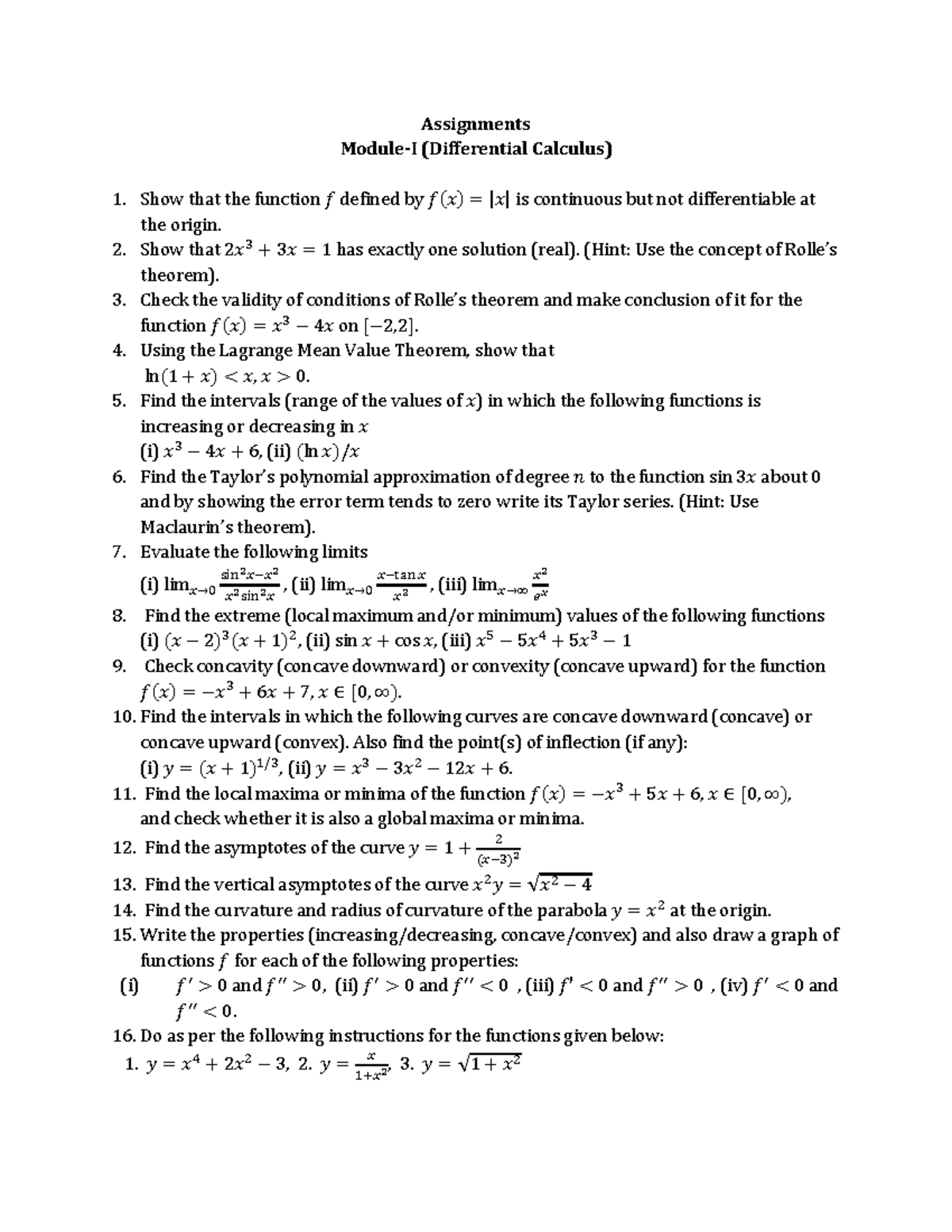 18248 - sdfds - Assignments Module-I (Differential Calculus) Show that the function defined by ...
