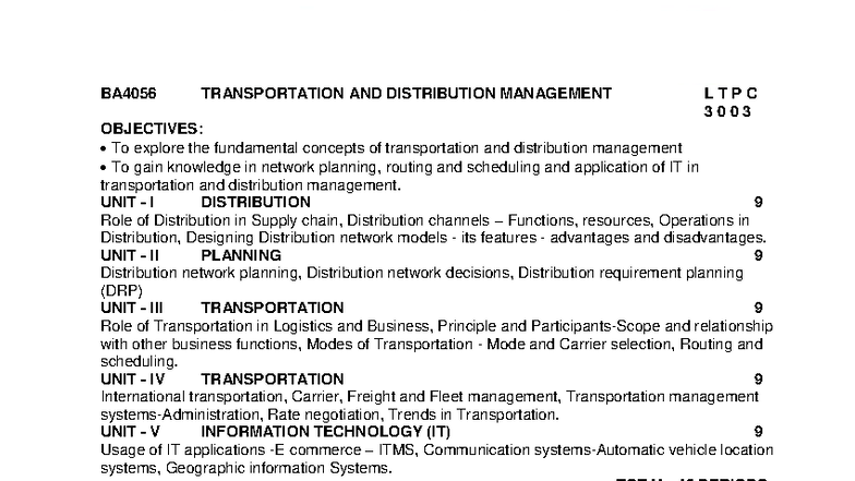 Transportation and Distribution Management - BA4056 - Comprehensive ...