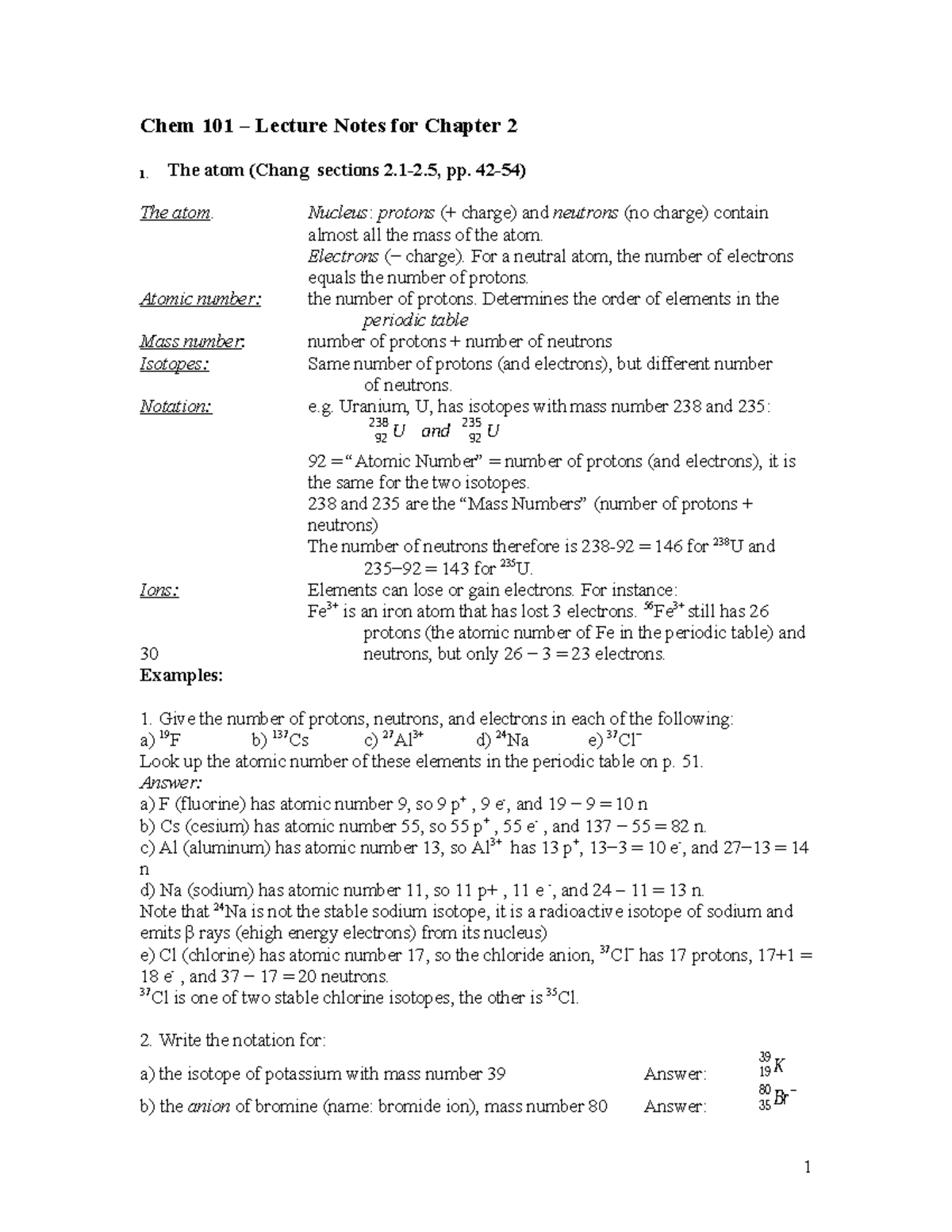 Chem 101 Chapter 2 Lecture Notes on Atoms and Compounds - Studocu