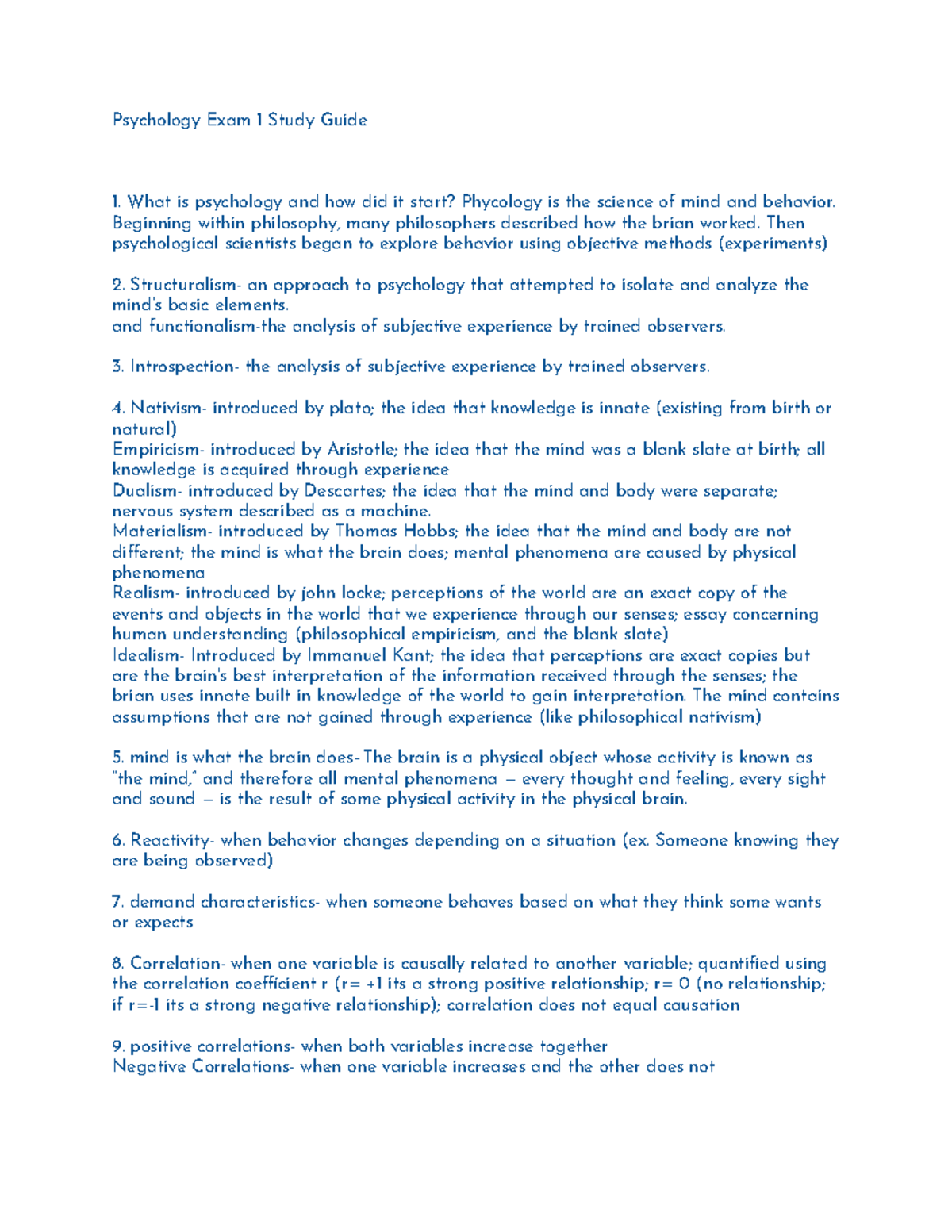 Psychology PSY101 Exam 1 Study Guide: Key Concepts & Definitions - Studocu