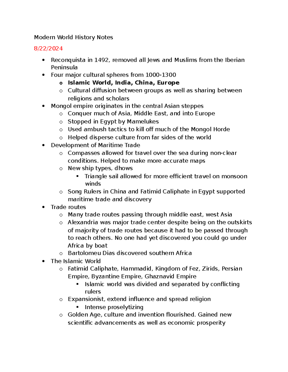 Modern World History Lecture Notes (MWH 101) - Studocu