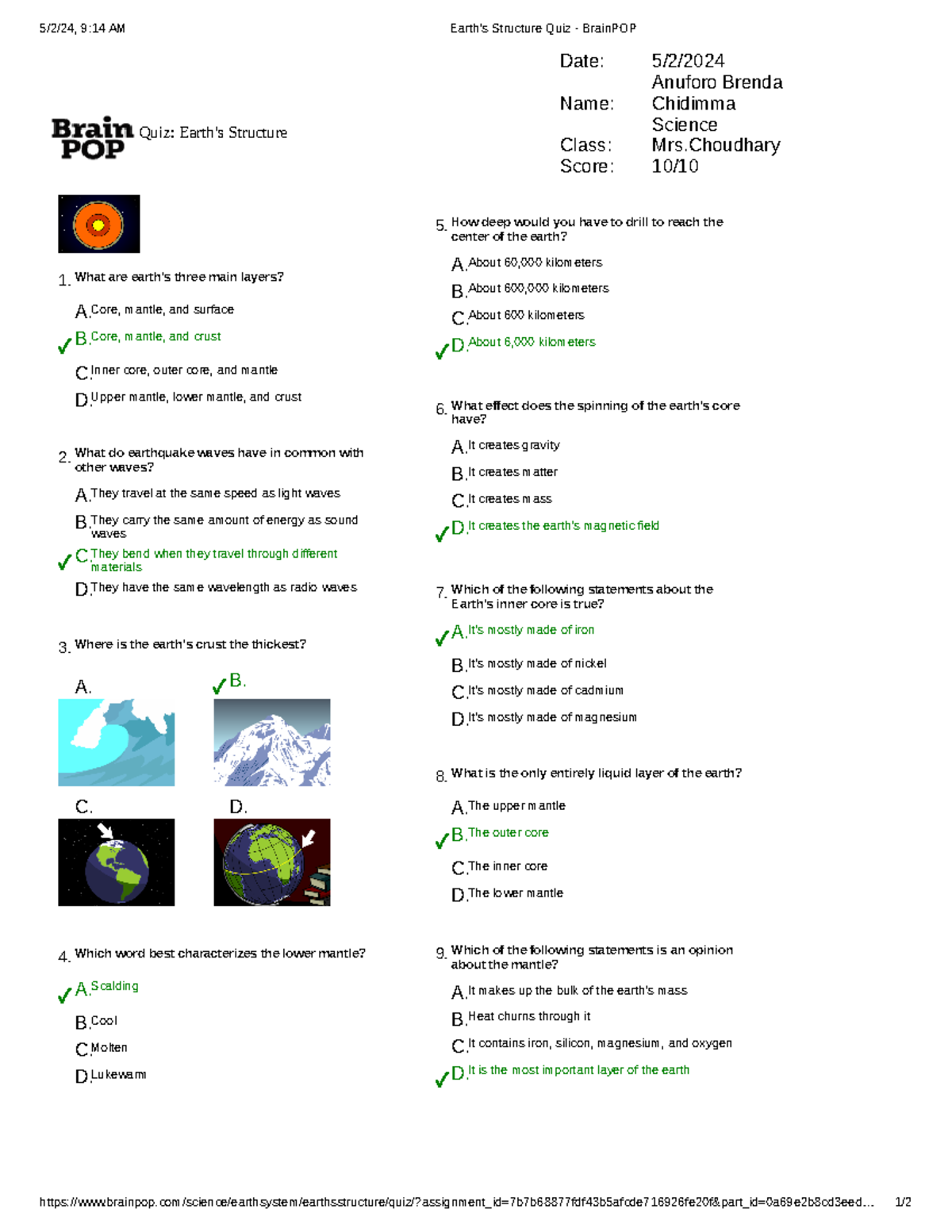 Earth's Structure Quiz - BrainPOP Study Guide - Studocu